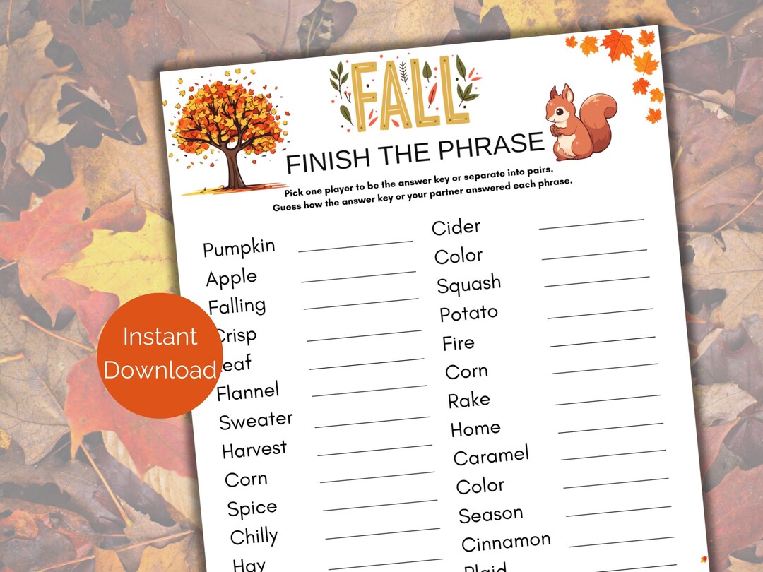 Fall Finish the Phrase Game, Printable Fall Party Game, Printable ...