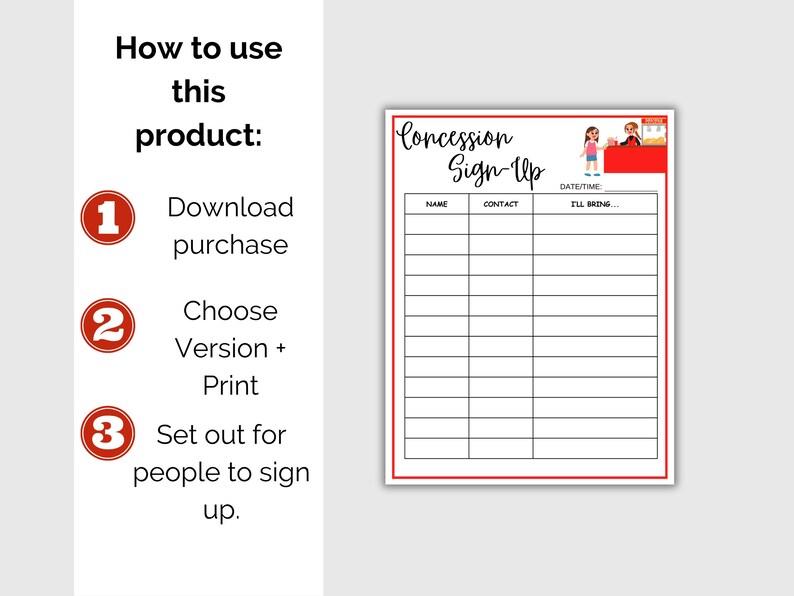 Concession Stand Sign up Sheet, Printable Concession Stand Schedule ...