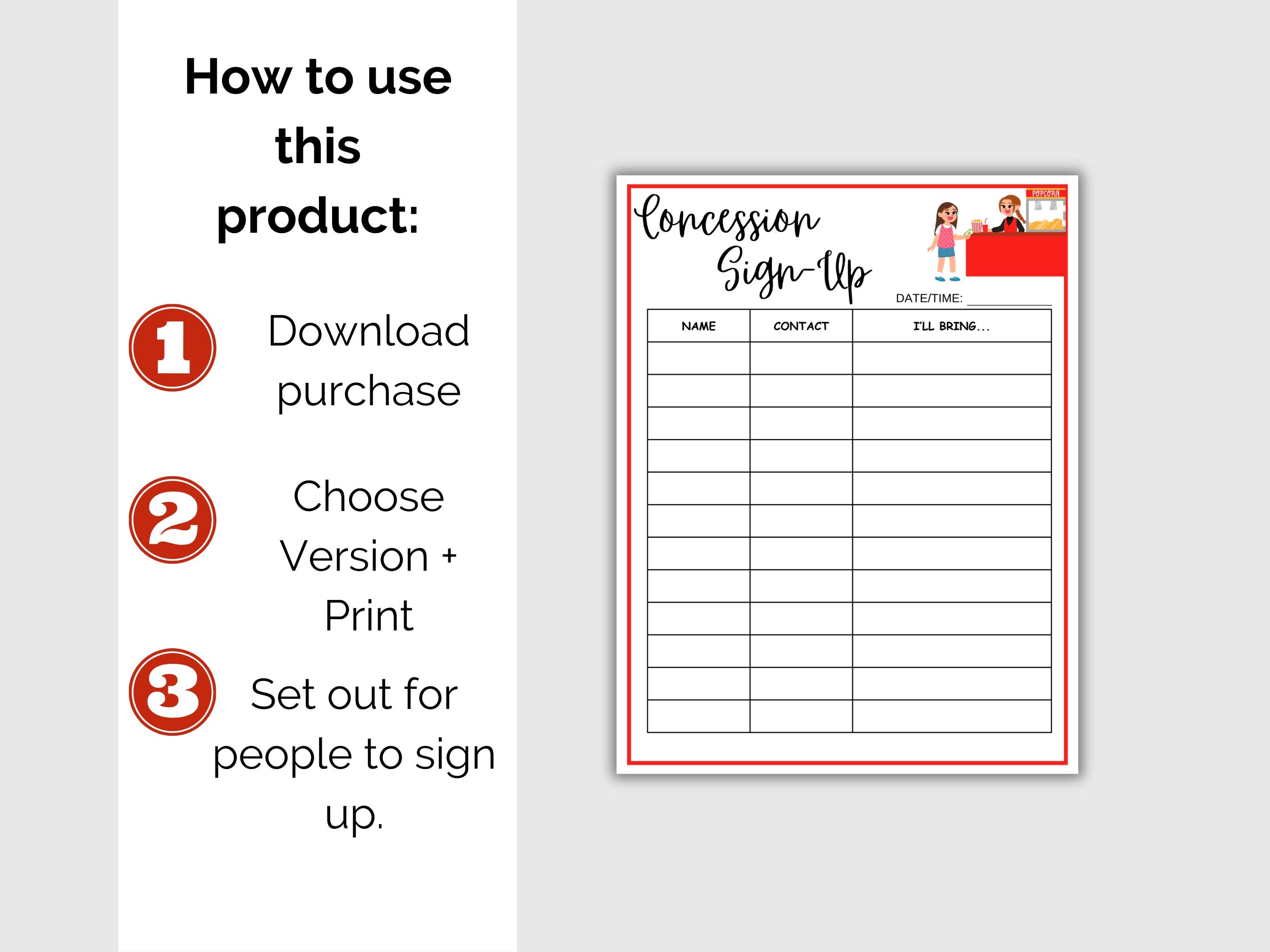 Concession Stand Sign up Sheet, Printable Concession Stand Schedule ...