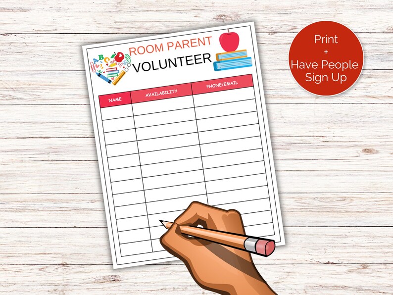 Room Parent Volunteer Sign up Sheet, Printable Classroom Volunteer Sign ...