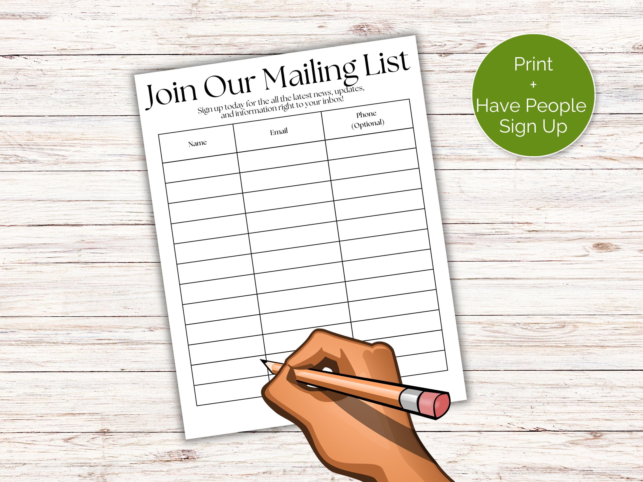 Email List Sign up Sheet, Printable Email Signup Form, Email Collection ...