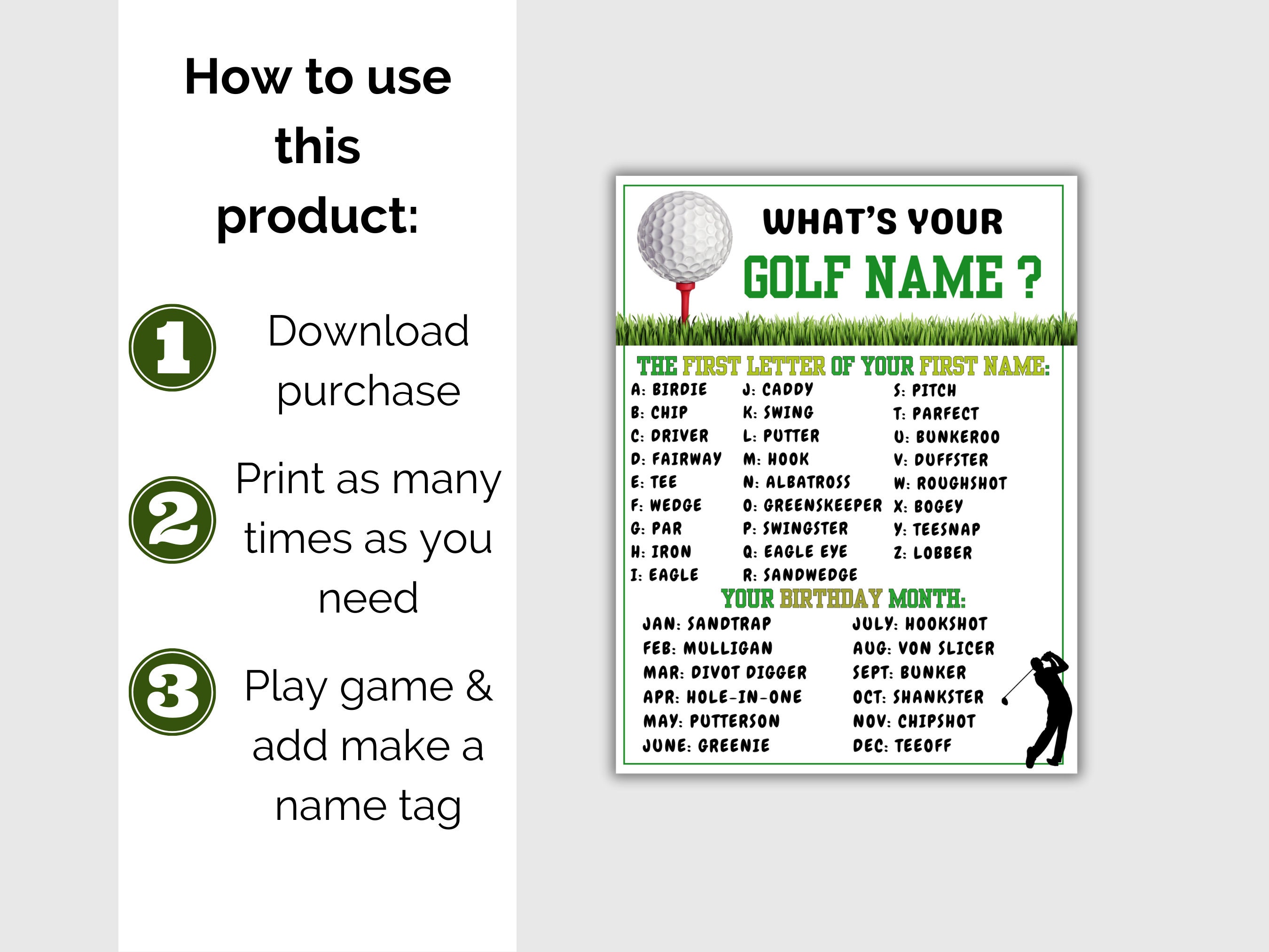 What's Your Golf Name Game + Name Tags, Golf Party Game, Golf Birthday ...