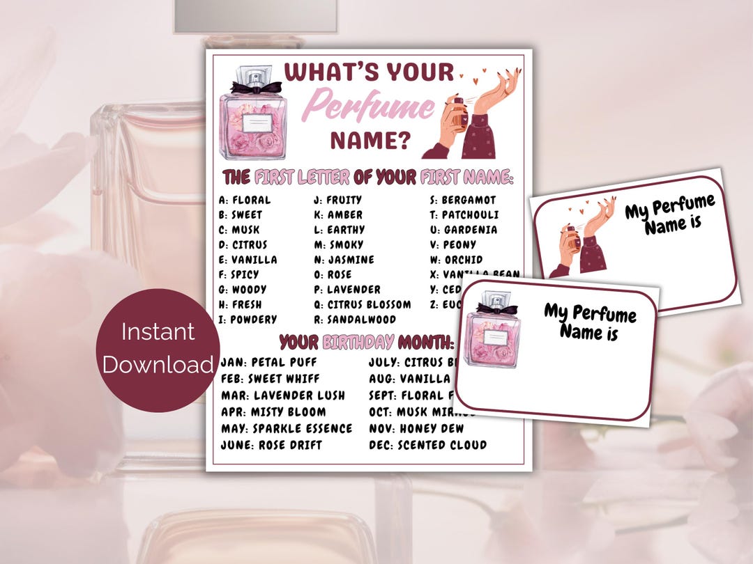 What's Your Perfume Name Game + Name Tags, Printable Perfume Themed ...