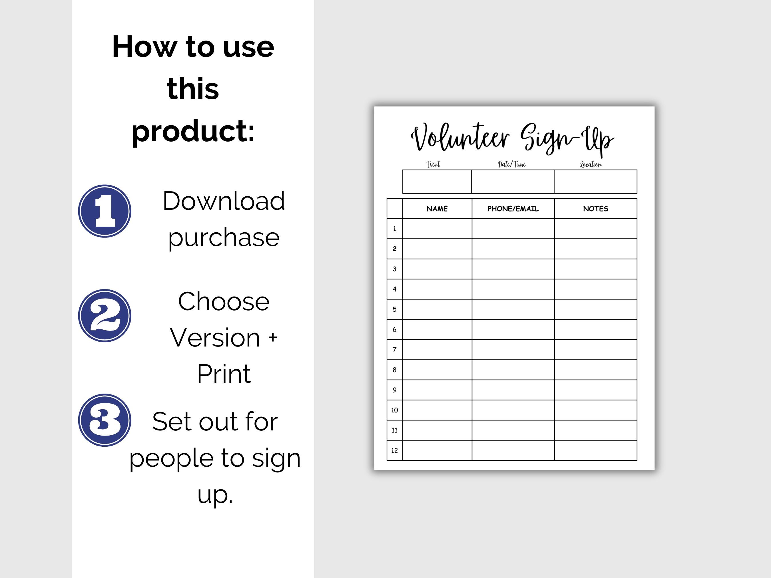 Volunteer Sign up Sheet, Printable Volunteer Signup List, Volunteer ...
