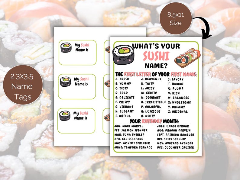 What's Your Sushi Name Game + Name Tags, Printable Sushi Party Games ...