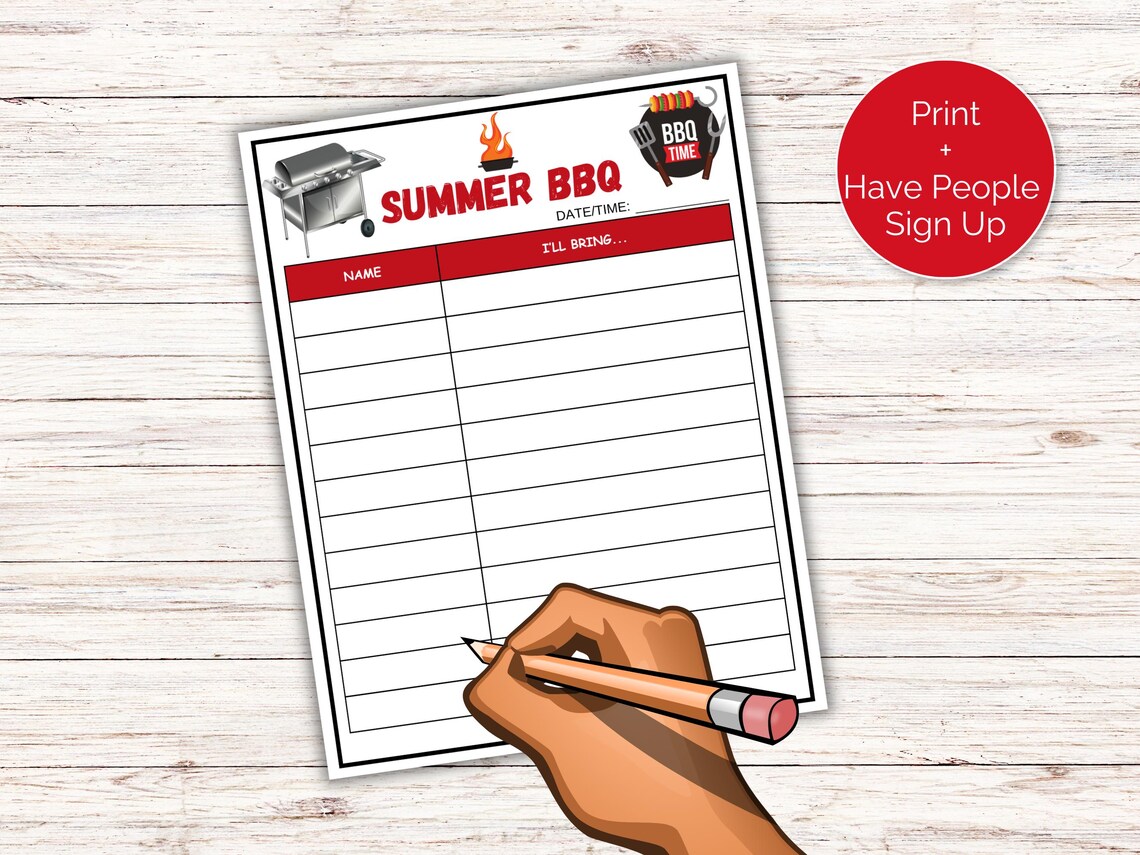 Summer BBQ Sign up Sheet, Printable Summer Cookout Sign up Form, Summer ...