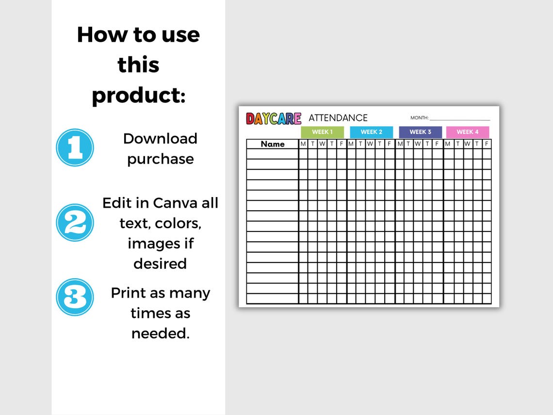 Editable Daycare Weekly Attendance Sheet, Printable Daycare Attendance ...