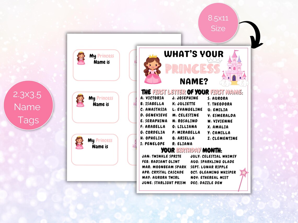 What's Your Princess Name Game + Name Tags, Printable Princess Birthday ...