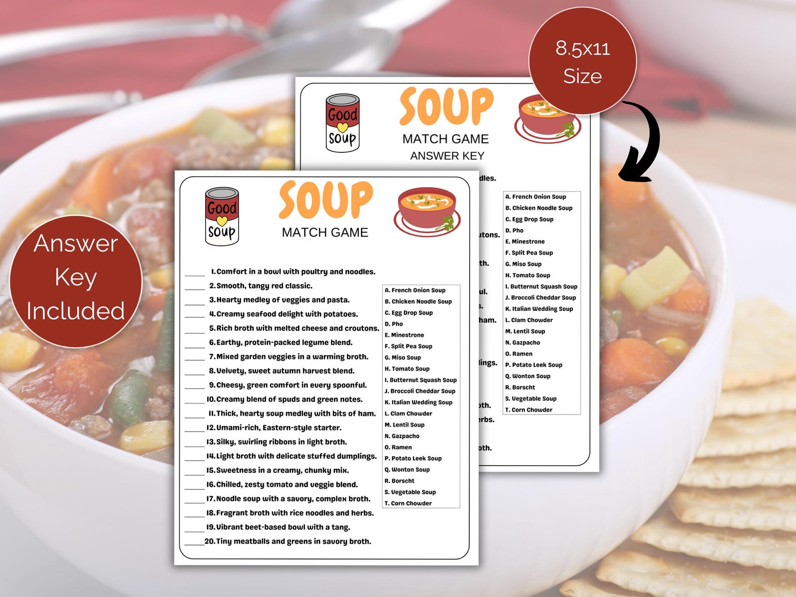 Soup Match Game, Printable Soup Trivia Game, Soup Cookoff Game for Kids ...
