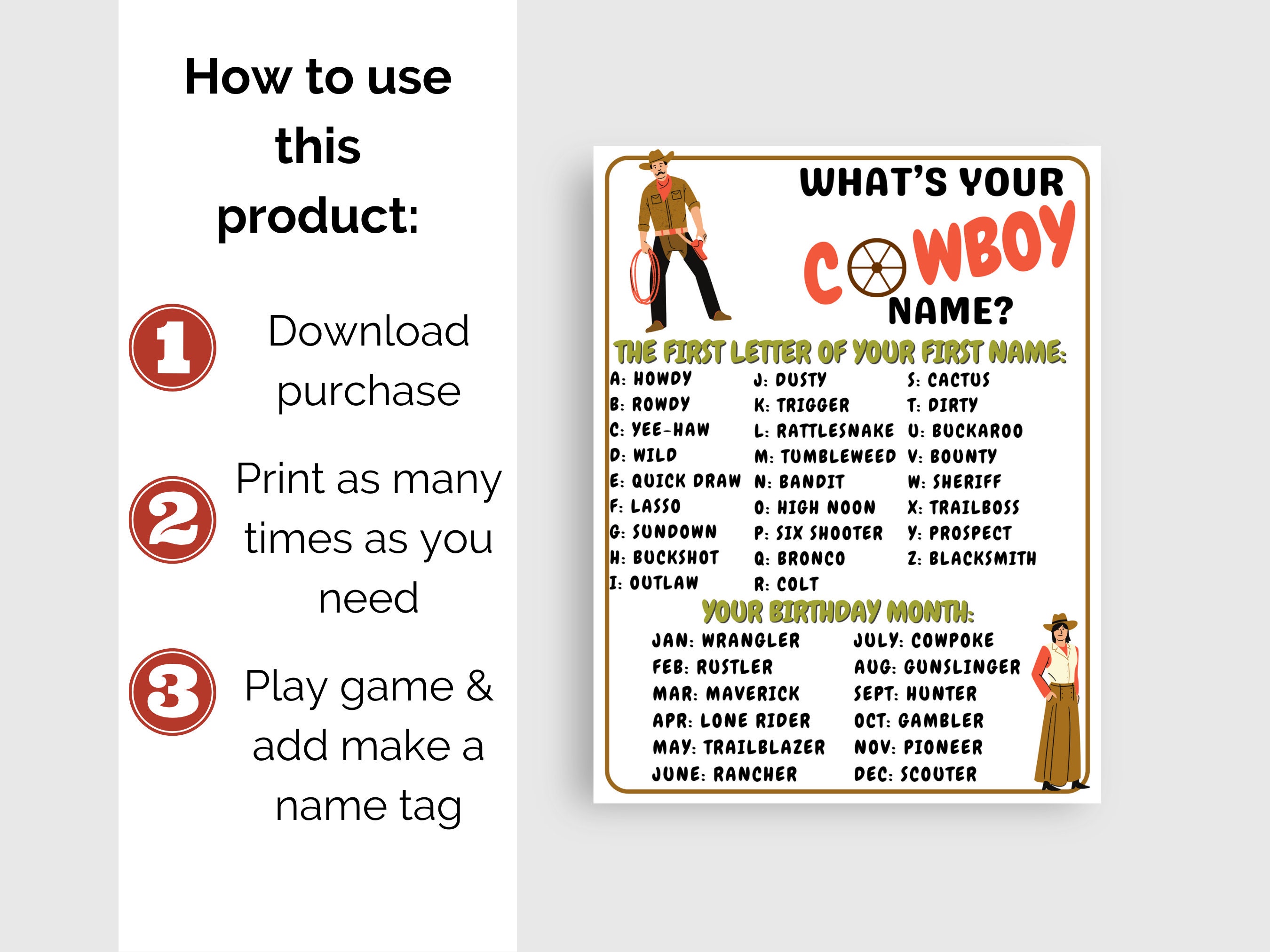 What's Your Cowboy Name Game + Name Tags, What's Your Cowgirl Name ...