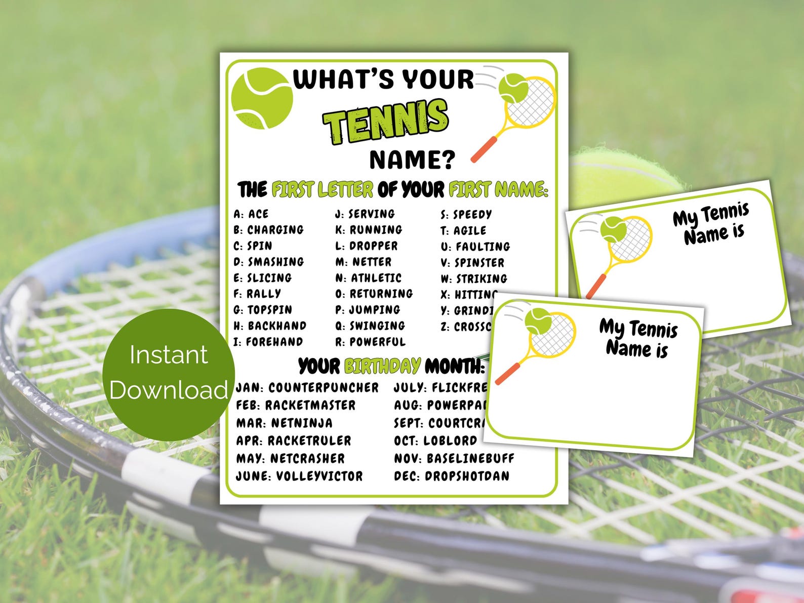 What's Your Tennis Name Game + Name Tags, Printable Tennis Party Game ...