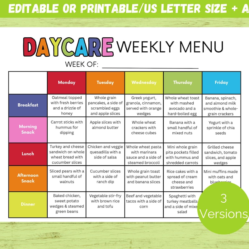 Daycare Weekly Menu - Etsy