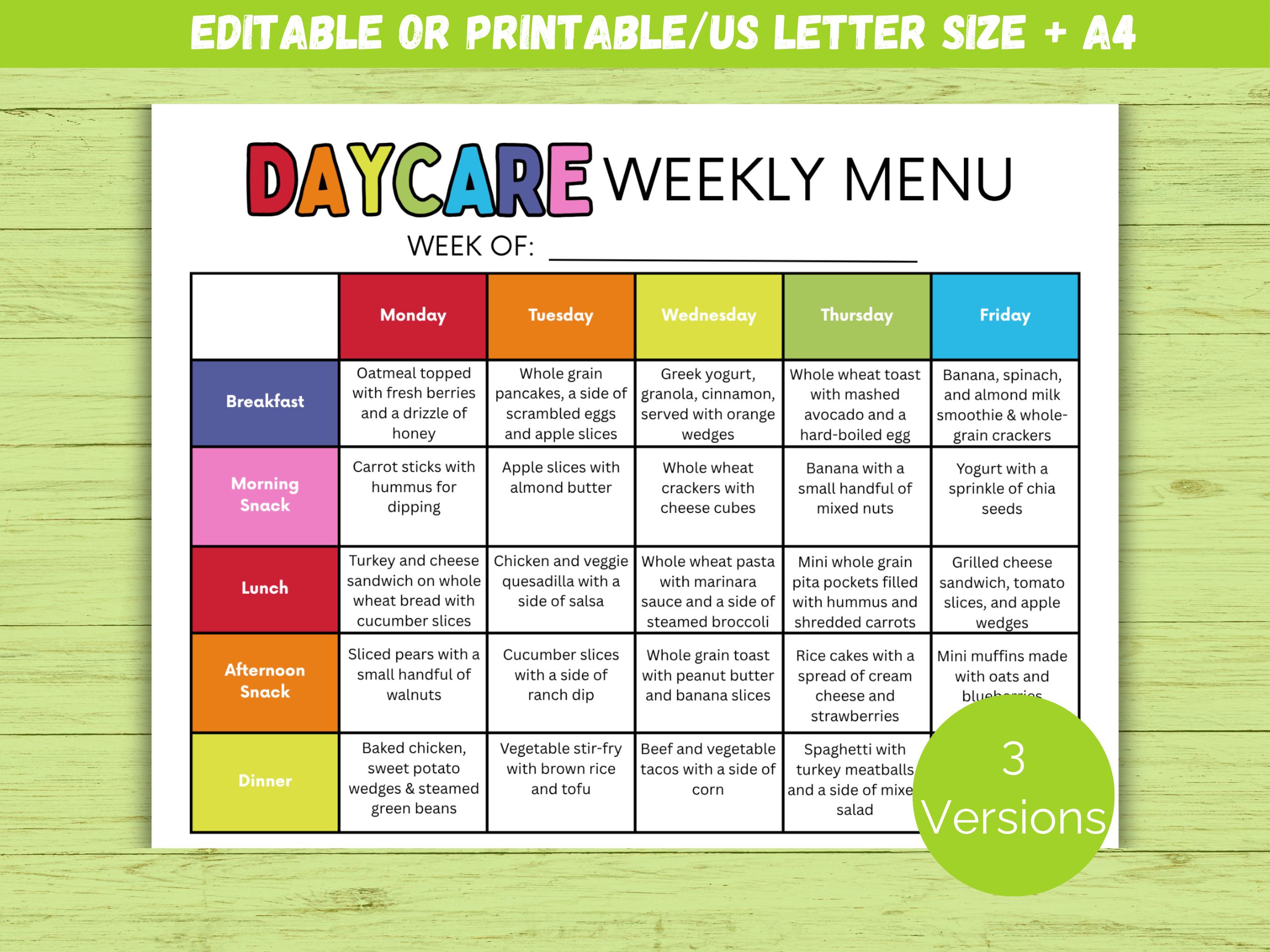 Editable Home Daycare Weekly Menu, Weekly Meal Planner, Preschool Meal ...