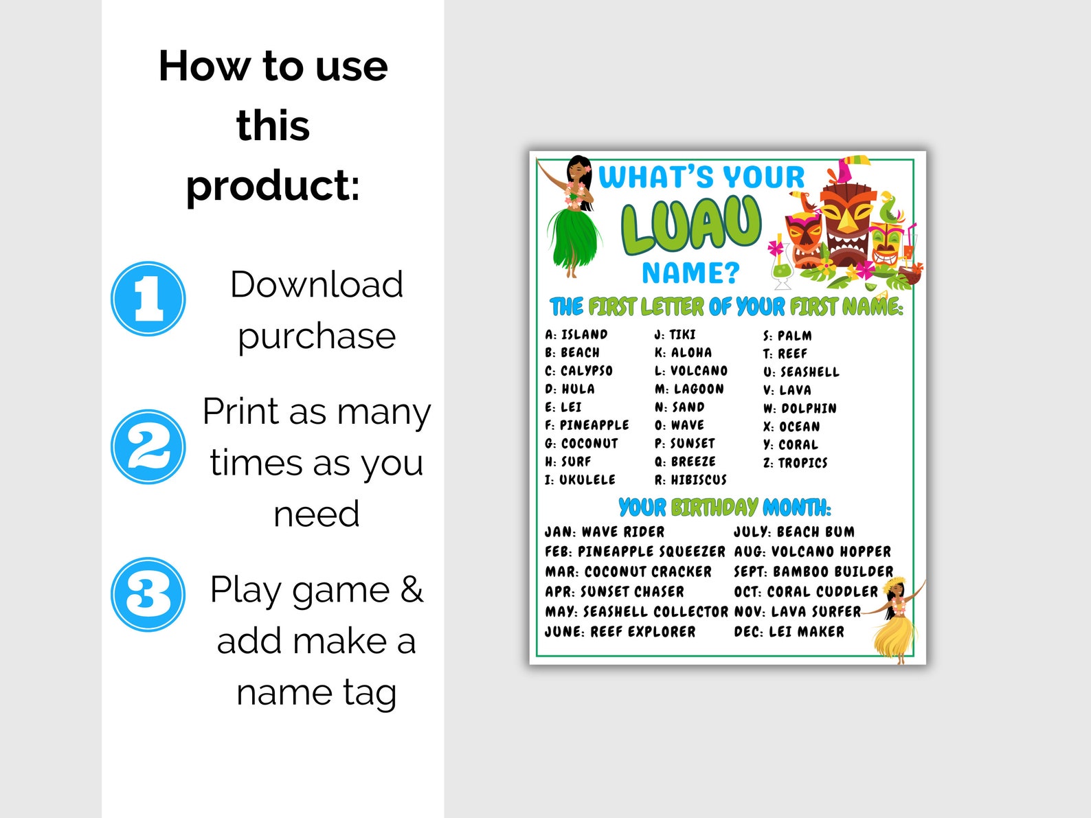 What's Your Luau Name Game + Name Tags, Hawaiian Party Game, Tropical ...