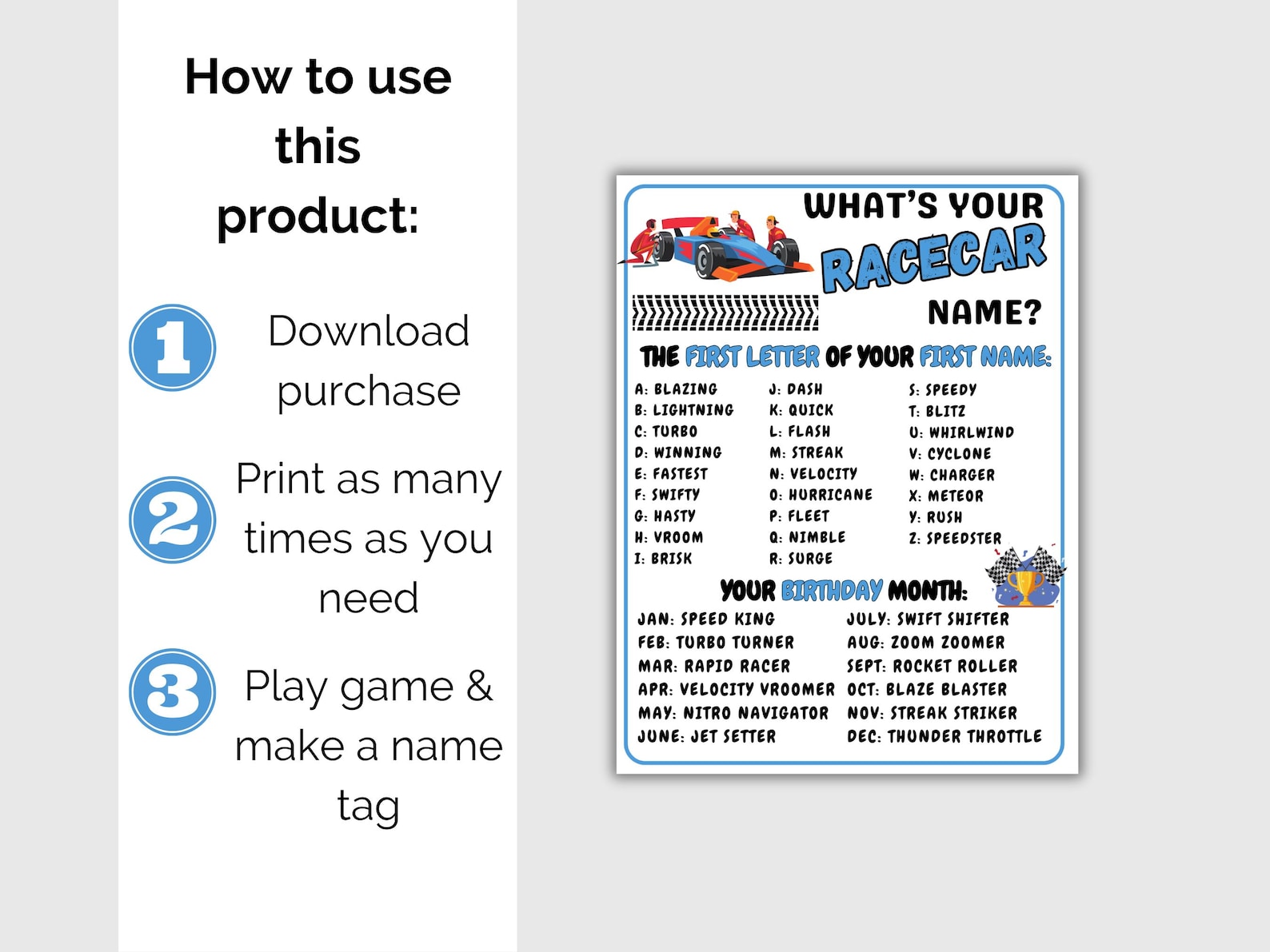 What's Your Race Car Name Game + Name Tags, Printable Race Car Birthday ...