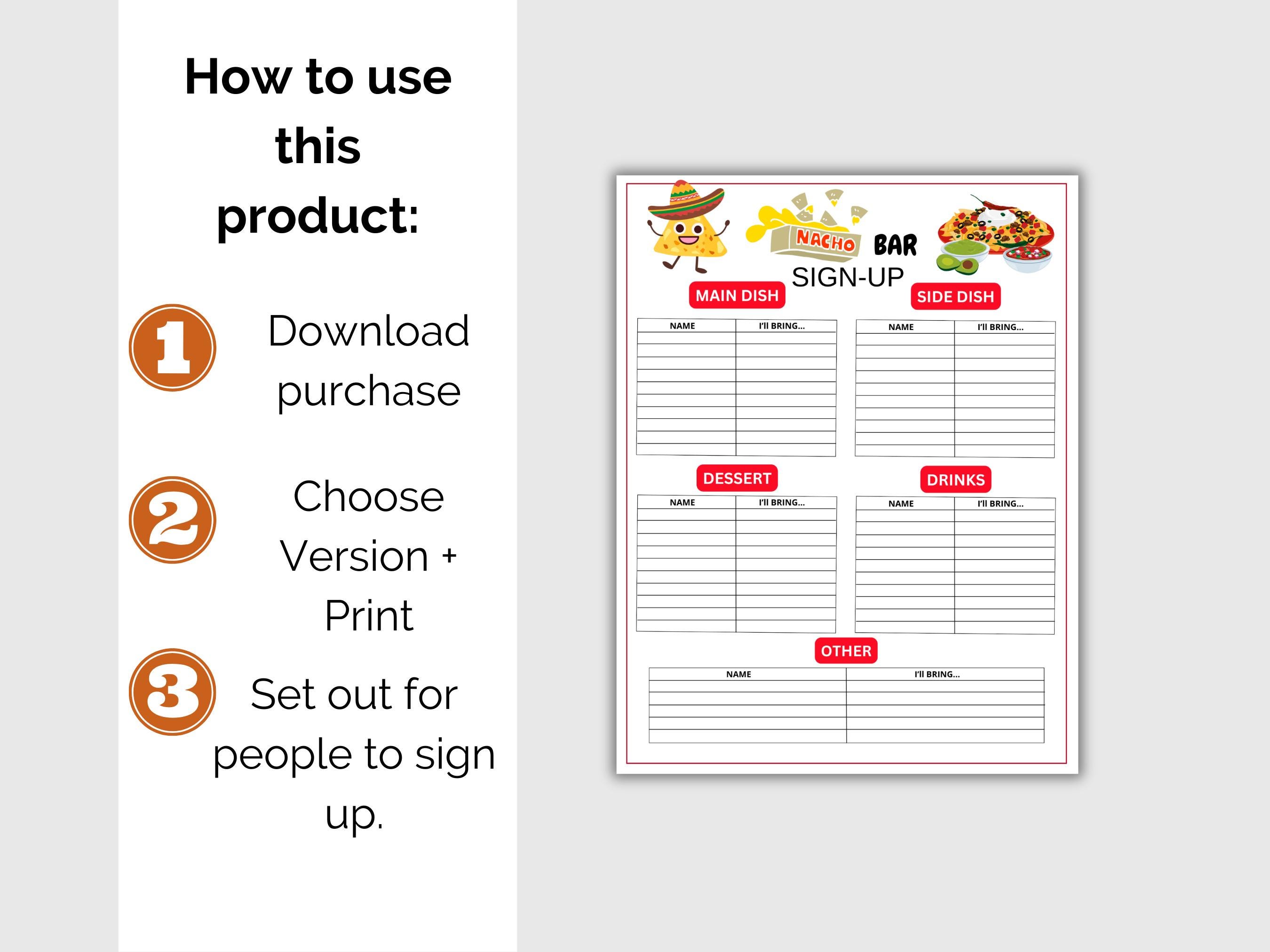 Nacho Bar Sign up Sheet, Printable Nacho Bar Potluck Sign up Form ...