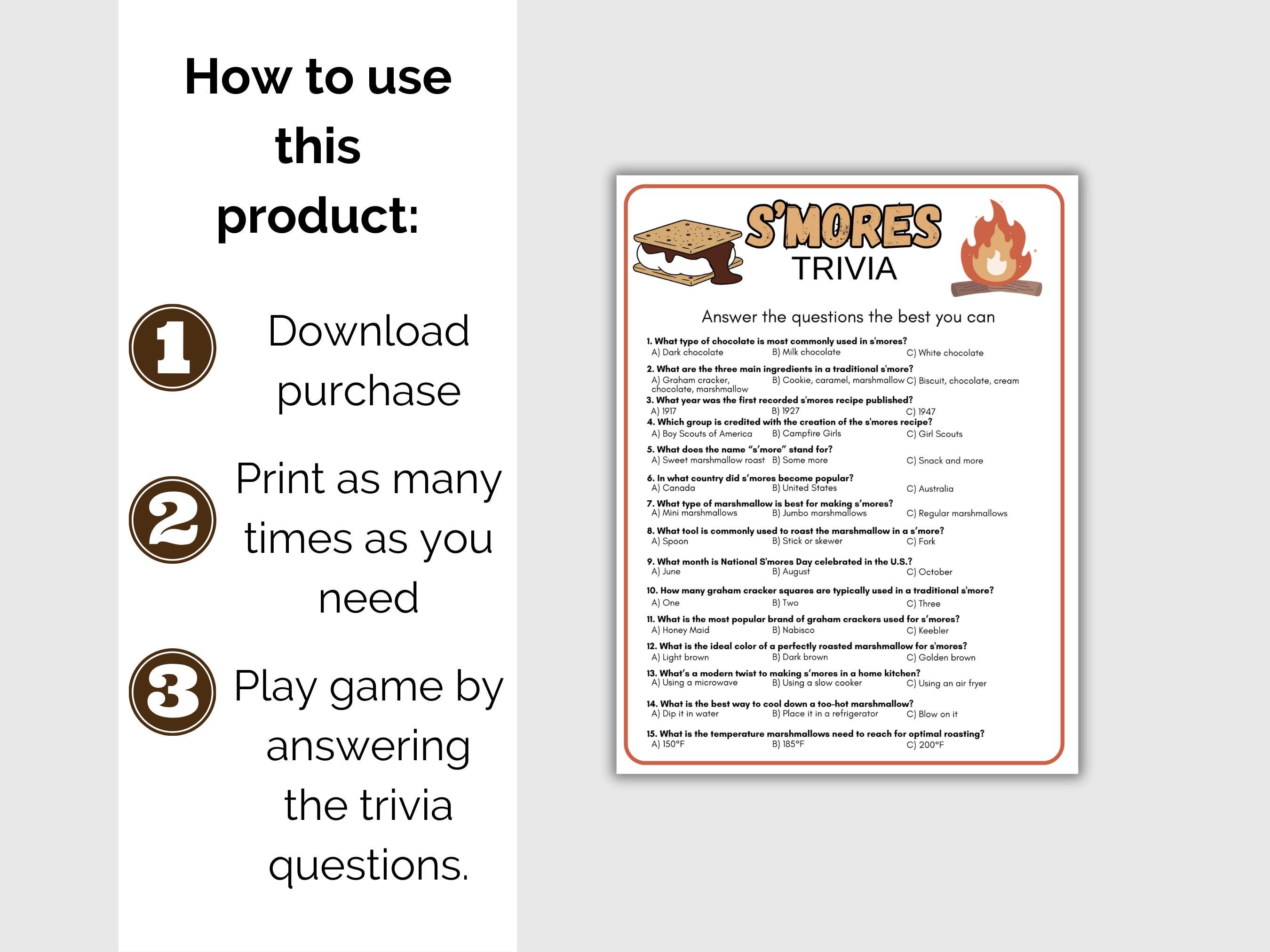 S'mores Trivia Game, Smores Quiz, Printable Camping Party Game for Kids ...