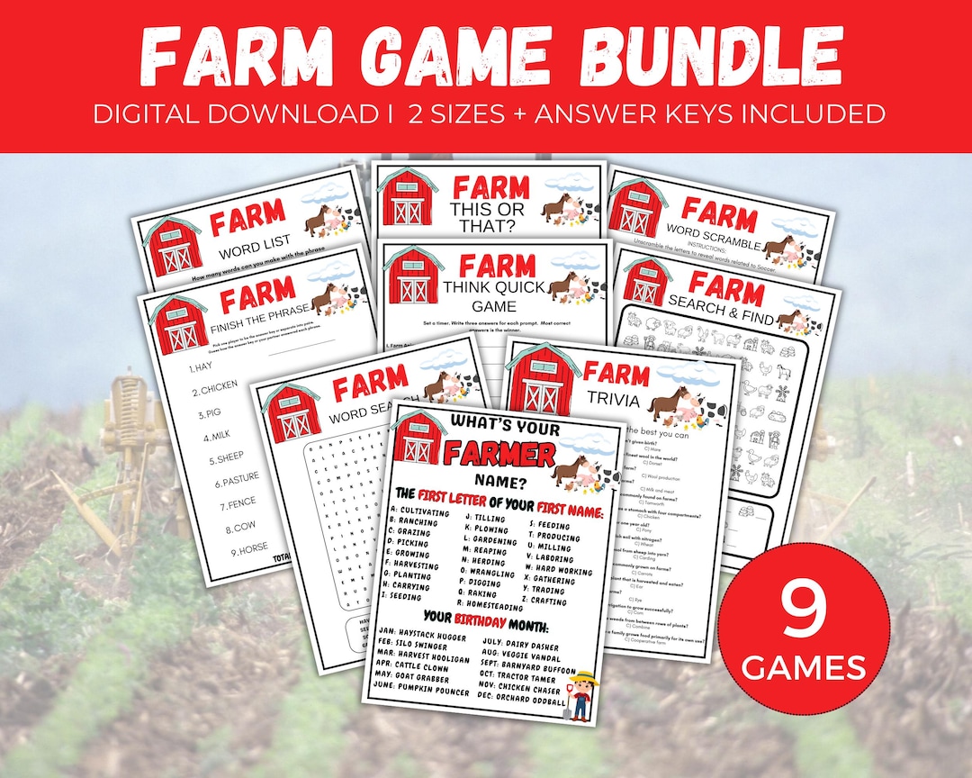 Farm Game Bundle, 9 Printable Farm Birthday Party Games for Kids, Farm ...