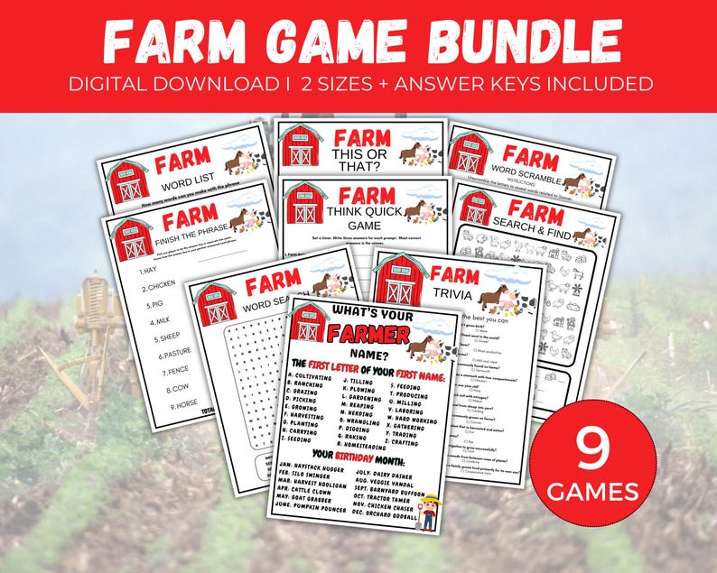 Farm Game Bundle, 9 Printable Farm Birthday Party Games for Kids, Farm ...
