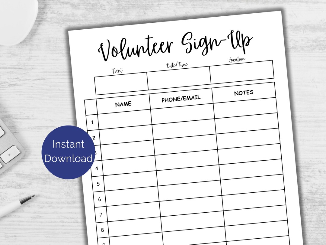 Volunteer Sign up Sheet, Printable Volunteer Signup List, Volunteer ...