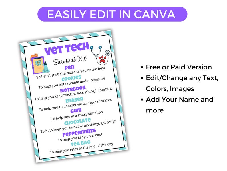 Editable Vet Tech Survival Kit Gift Tags, Veterinarian Technician ...