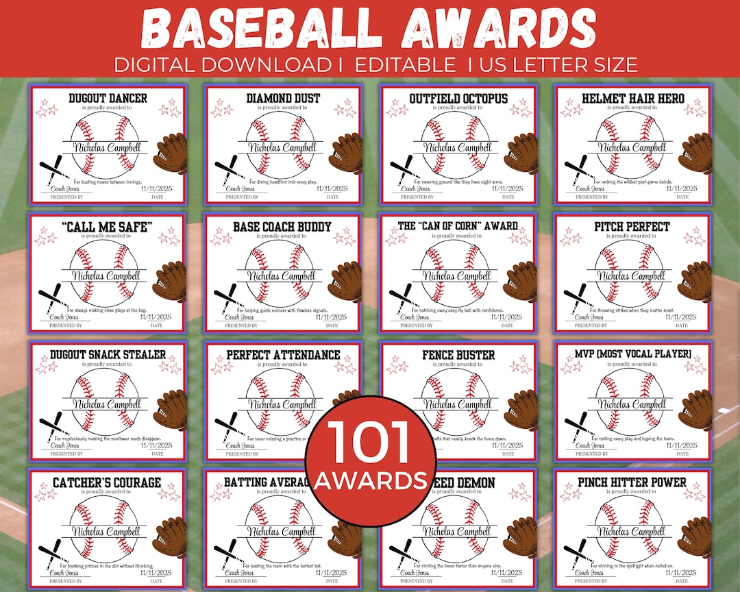 Editable Baseball Award Certificates, 101 Printable End of Season ...