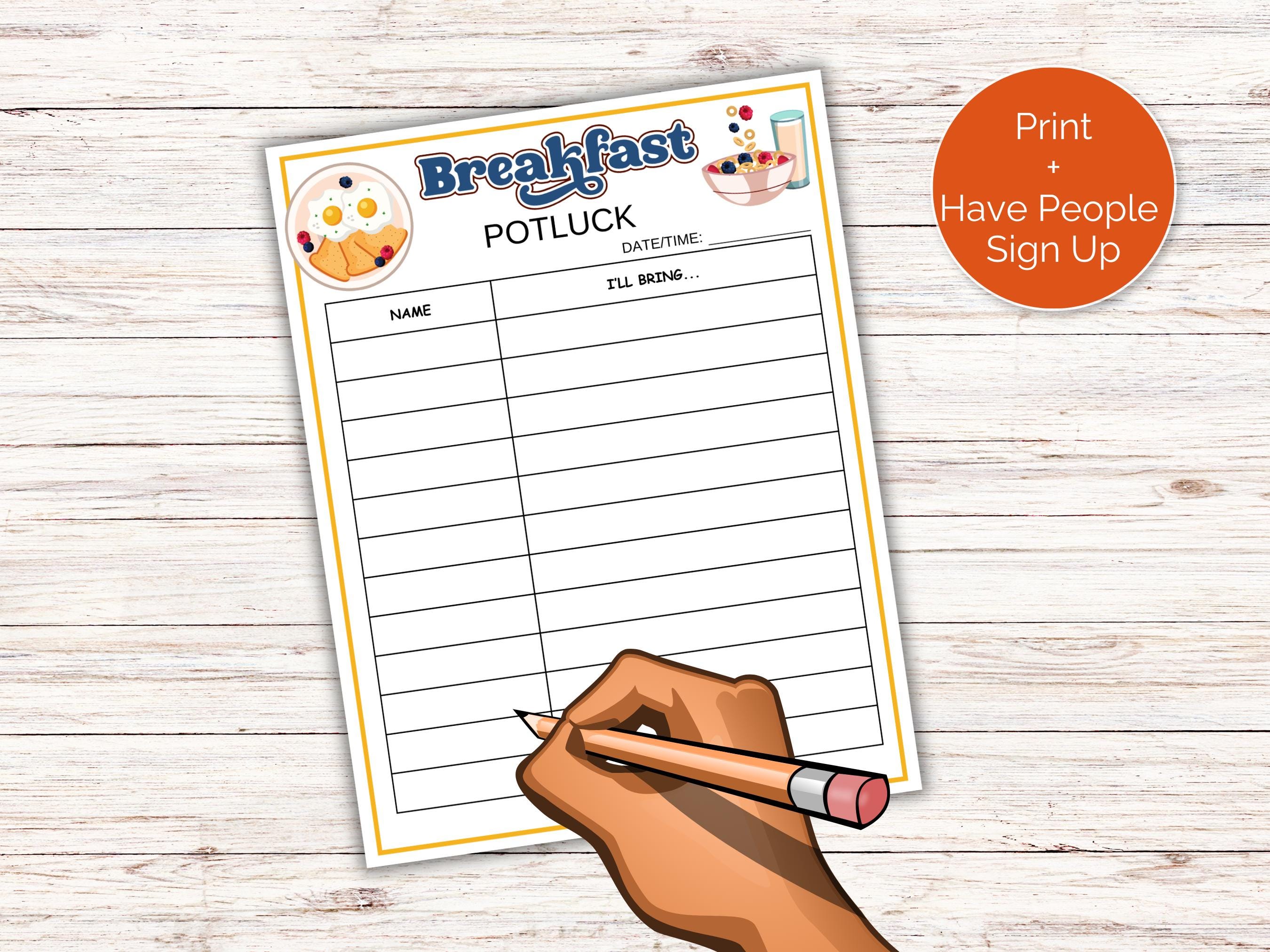 Breakfast Potluck Sign up Sheet, Printable Breakfast Potluck Sign up ...