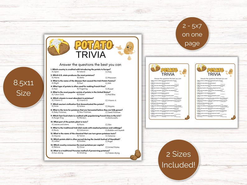 Potato Trivia Game, Potato Quiz, Printable Potato Bar Game for Kids ...