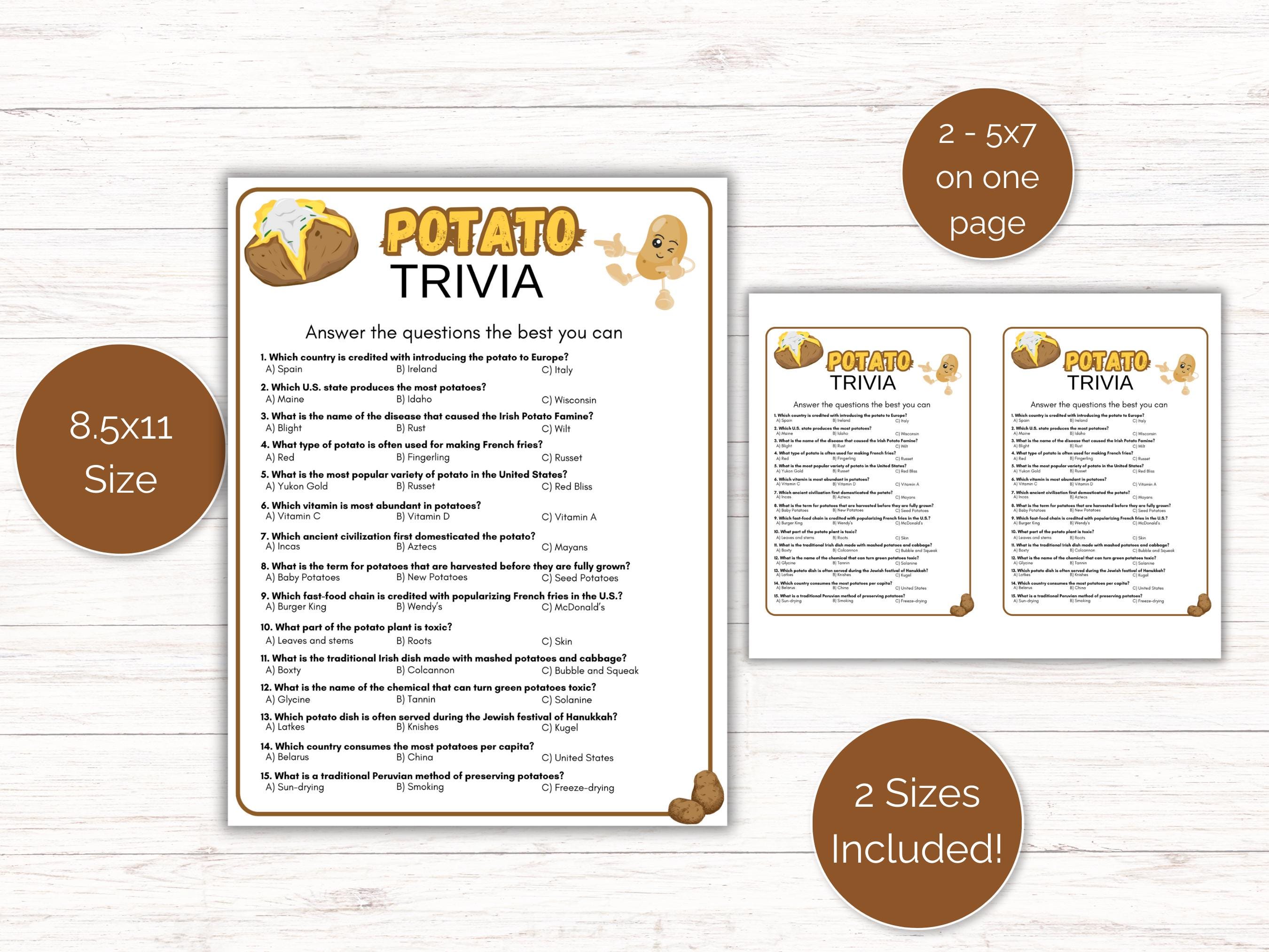 Potato Trivia Game, Potato Quiz, Printable Potato Bar Game for Kids ...