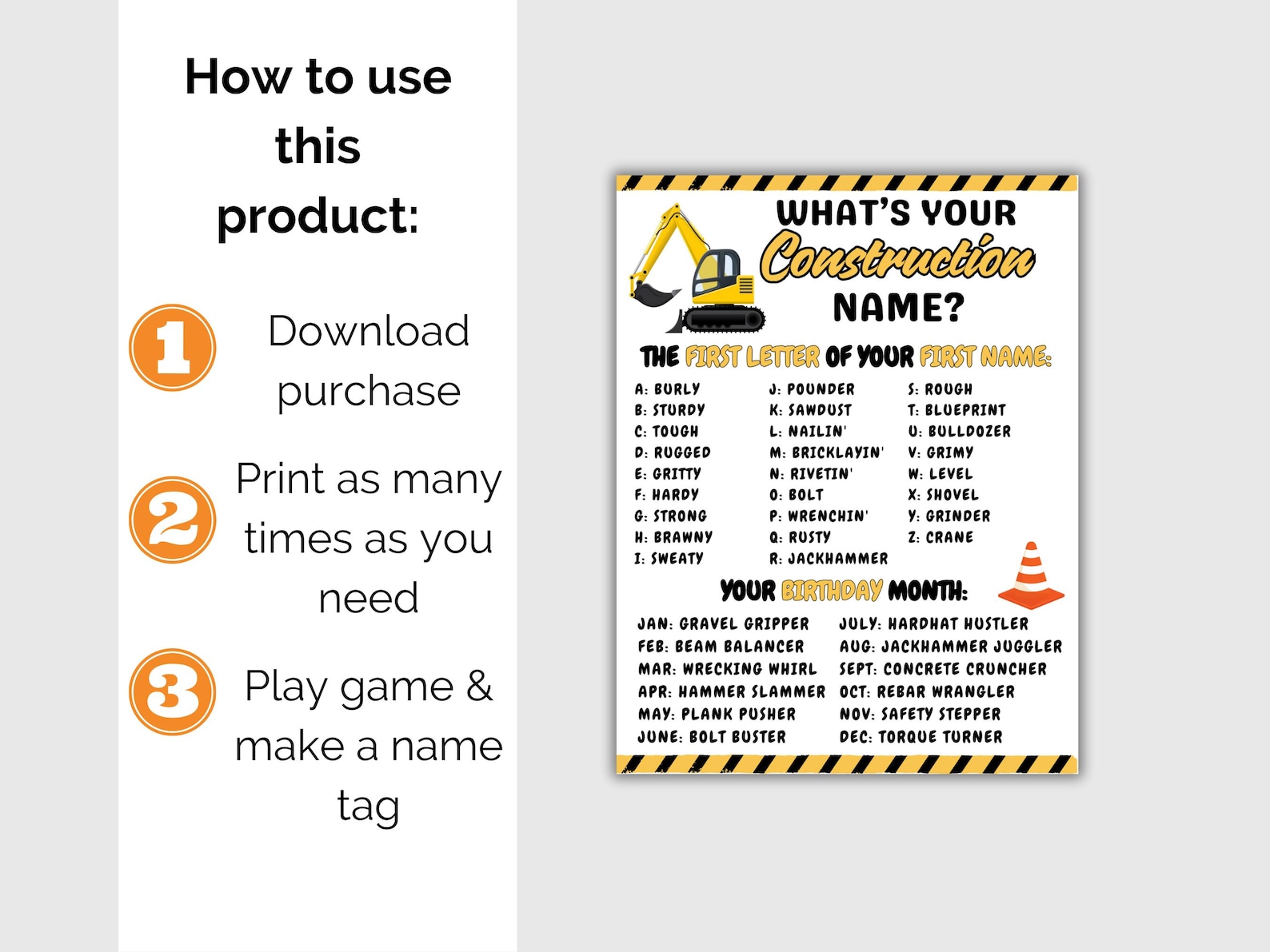 What's Your Construction Name Game + Name Tags, Printable Construction ...
