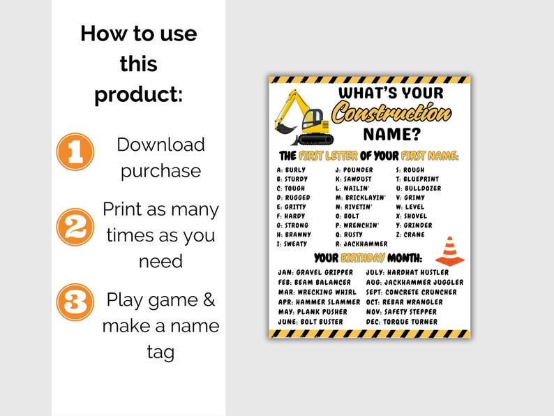 What's Your Construction Name Game + Name Tags, Printable Construction ...