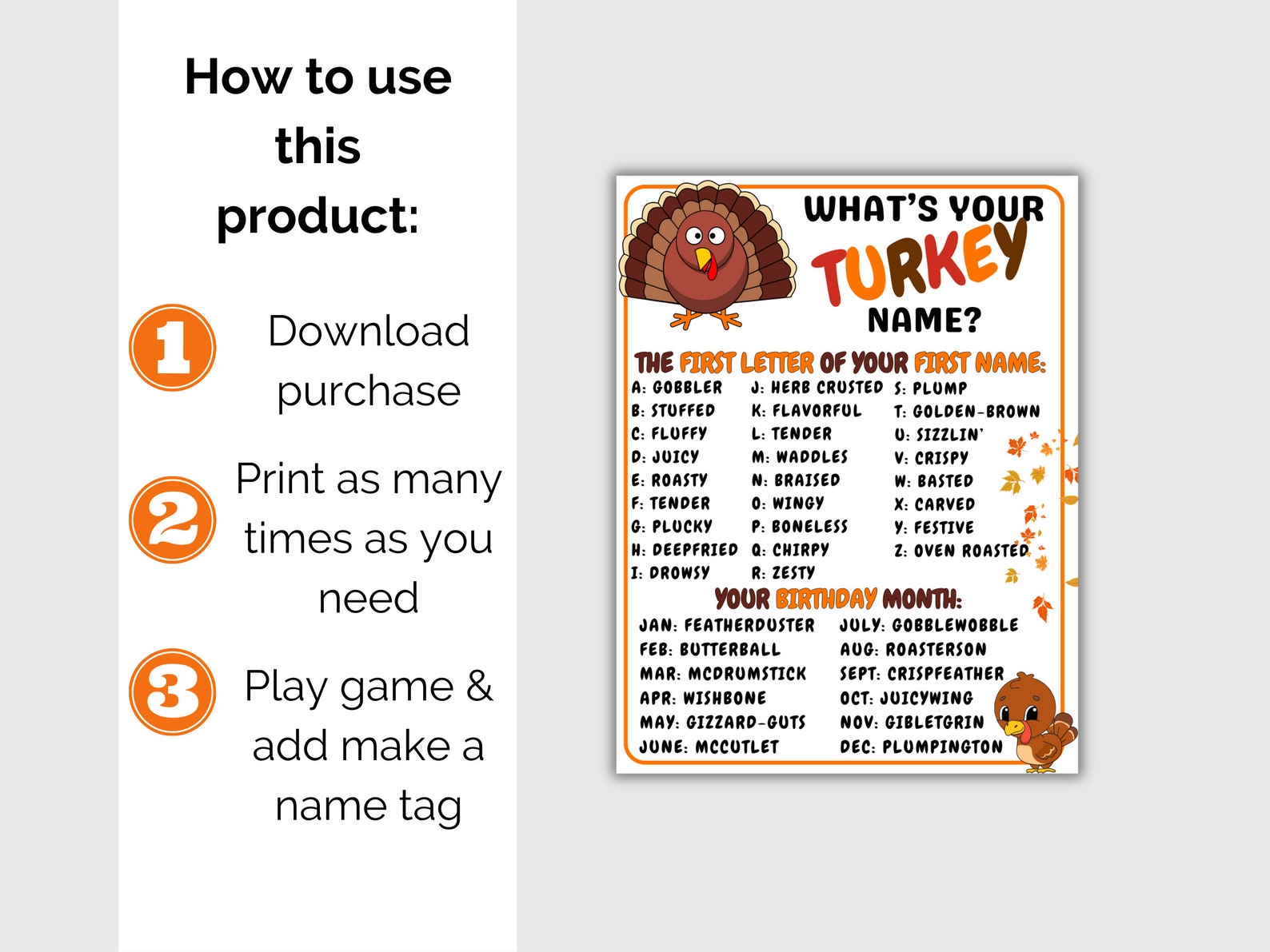 What's Your Turkey Name Game + Name Tags, Thanksgiving Party Games ...