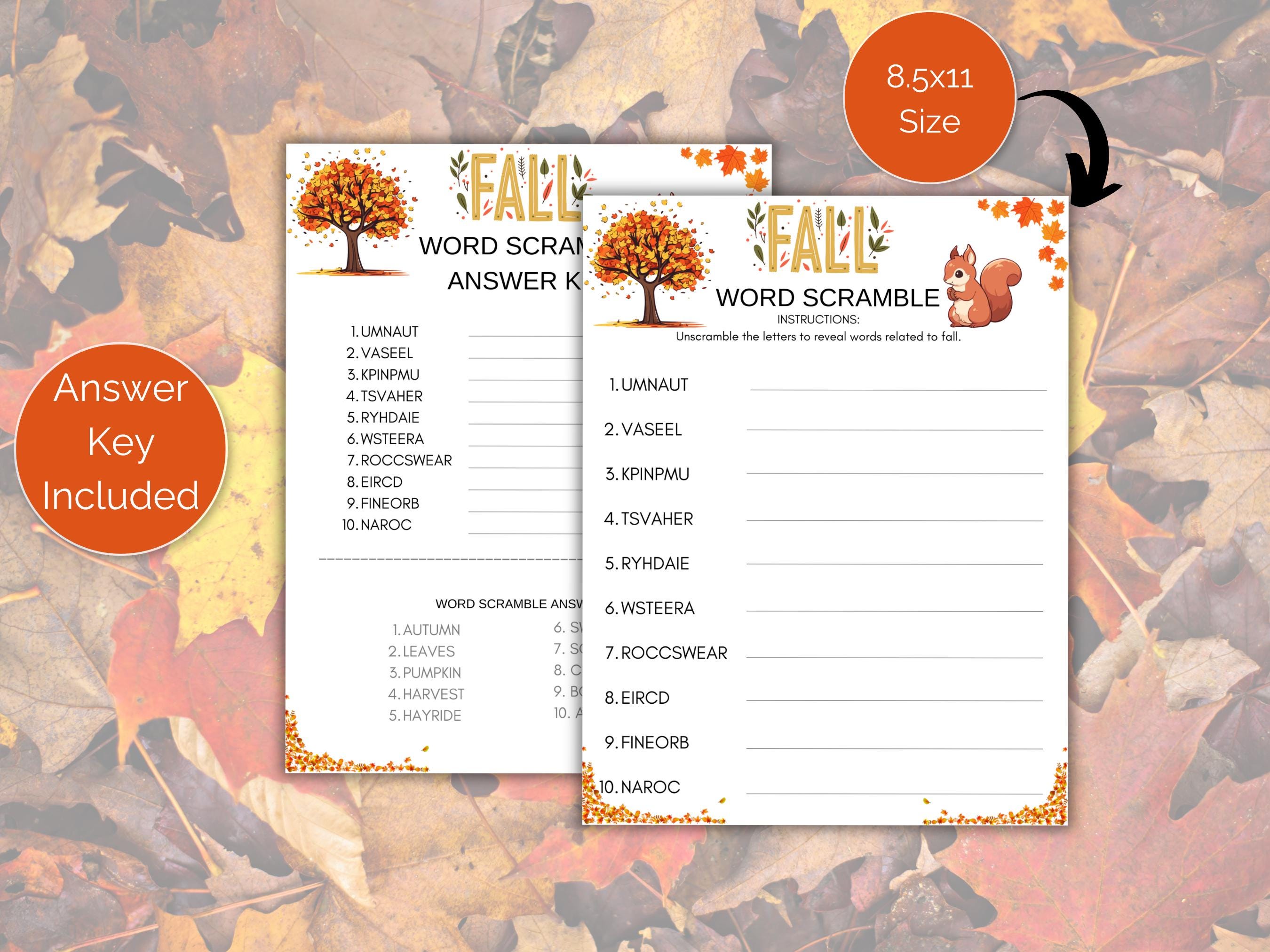 Fall Word Scramble Game, Printable Fall Word Search Game, Fall Party ...