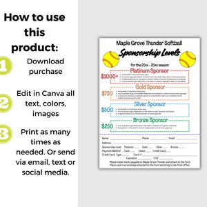 EDITABLE Softball Sponsorship Levels Flyer Template, Softball Sponsorship Form Template, Sponsor ...