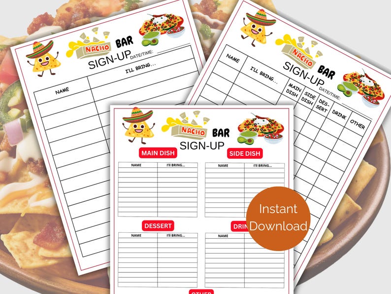 Nacho Bar Sign up Sheet, Printable Nacho Bar Potluck Sign up Form ...