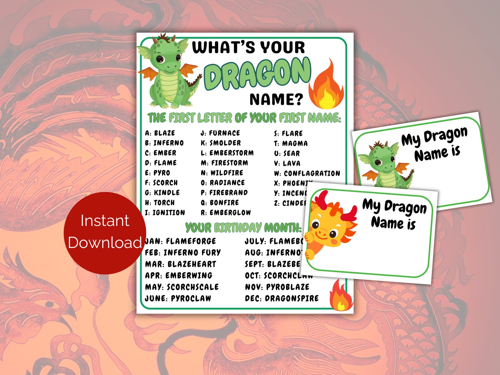 What's Your Dragon Name Game + Name Tags, Dragon Birthday Activity ...