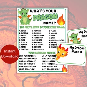 What's Your Dragon Name Game + Name Tags, Dragon Birthday Activity ...