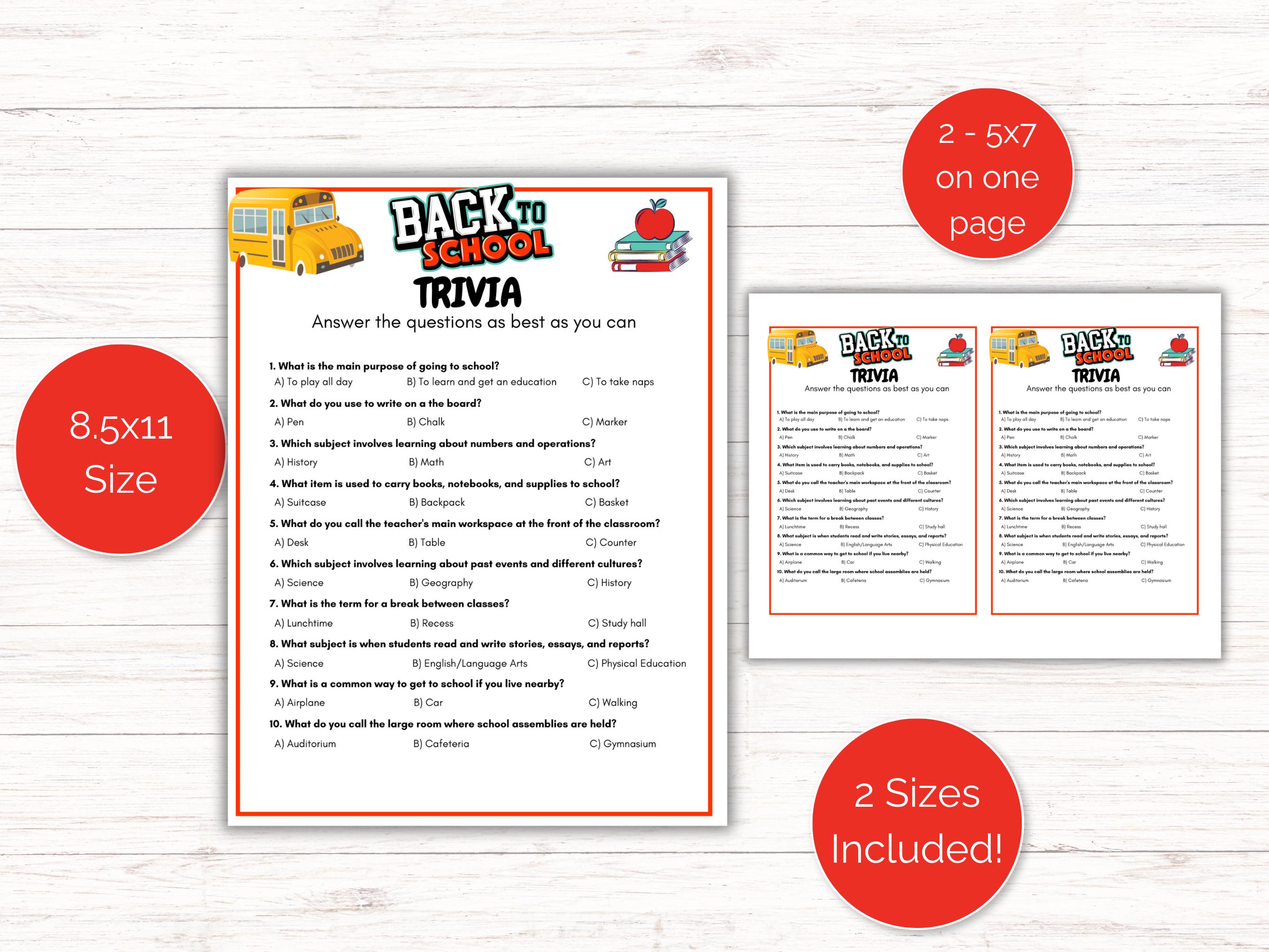 Back to School Trivia Game, First Day of School Icebreaker, School ...