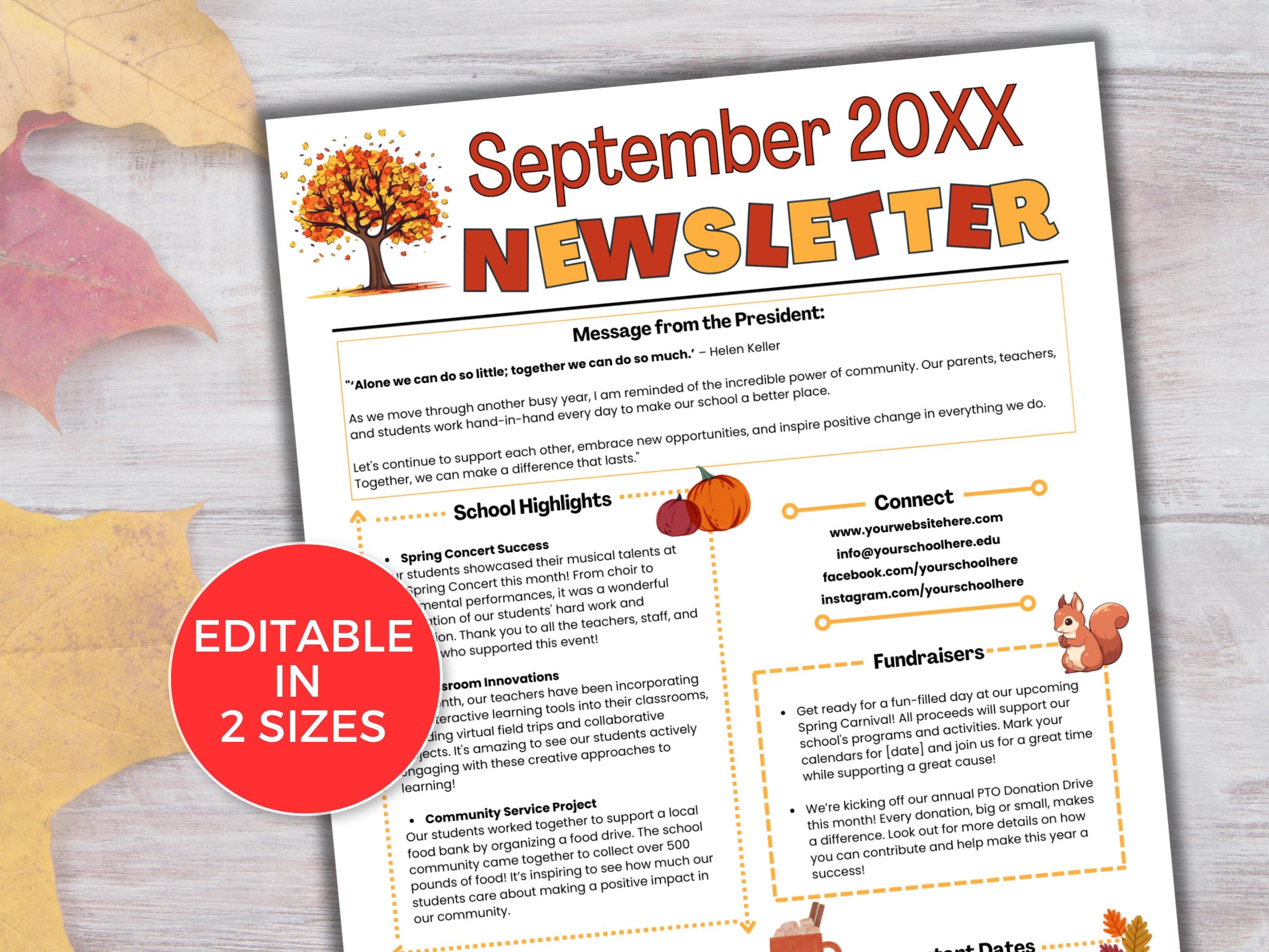 EDITABLE September PTO PTA Newsletter Template, Monthly Class September ...