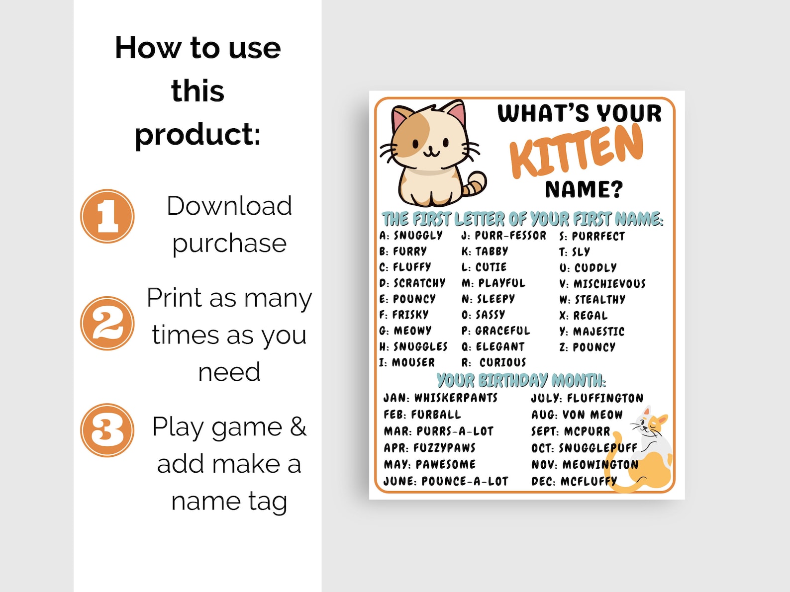 What's Your Kitten Name Game + Name Tags, Cat Themed Party Printable ...