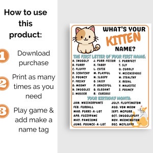 What's Your Kitten Name Game + Name Tags, Cat Themed Party Printable ...