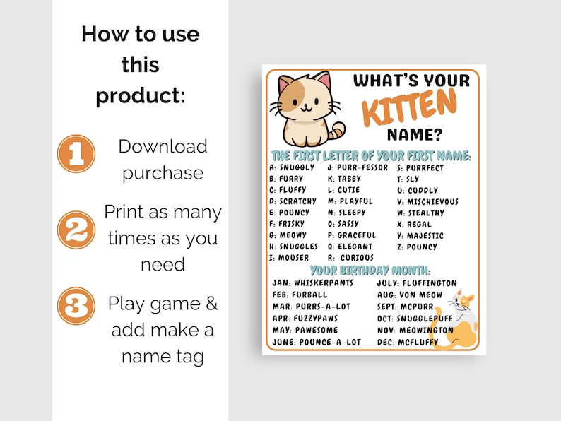 What's Your Kitten Name Game + Name Tags, Cat Themed Party Printable ...