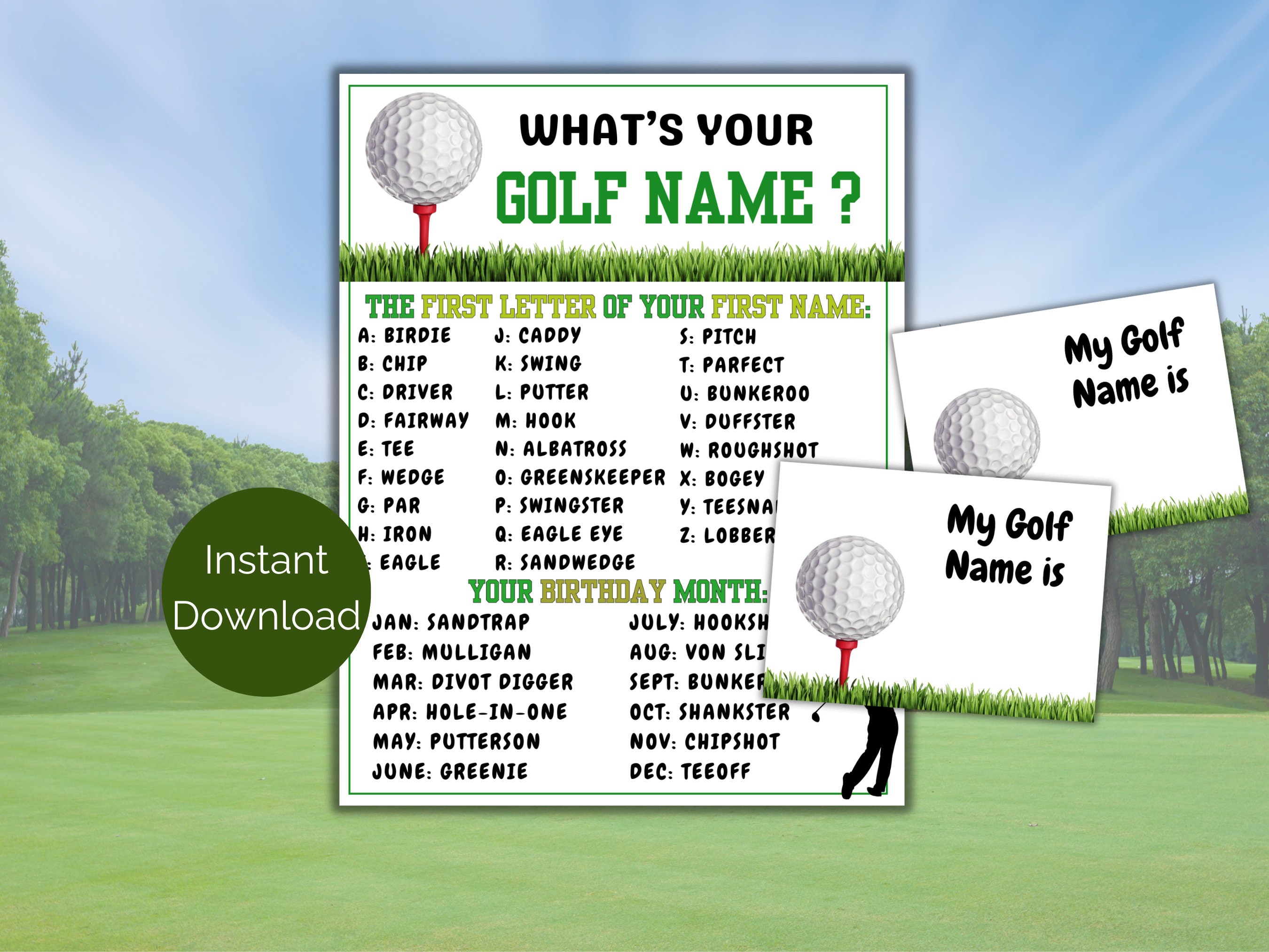 What's Your Golf Name Game + Name Tags, Golf Party Game, Golf Birthday ...