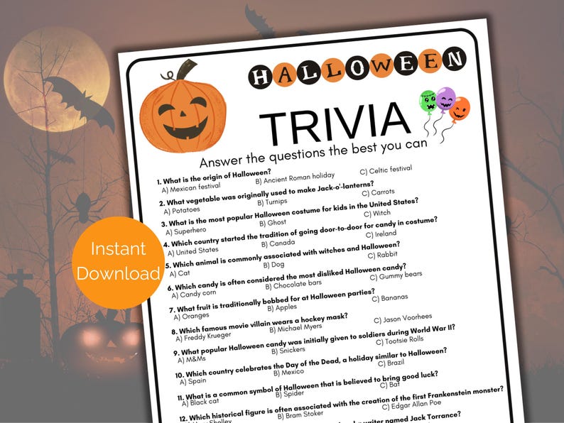 Halloween Trivia Game, Printable Halloween Trivia Quiz for Kids and ...