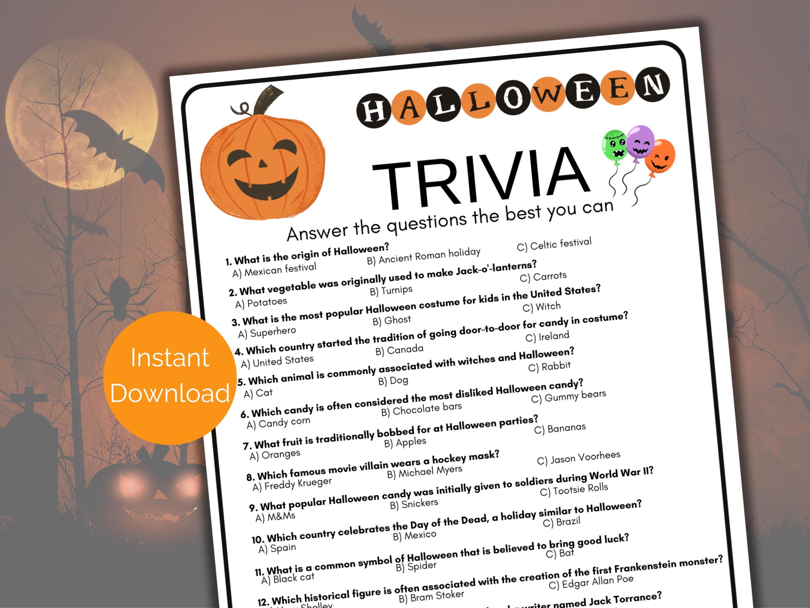 Halloween Trivia Game, Printable Halloween Trivia Quiz for Kids and ...