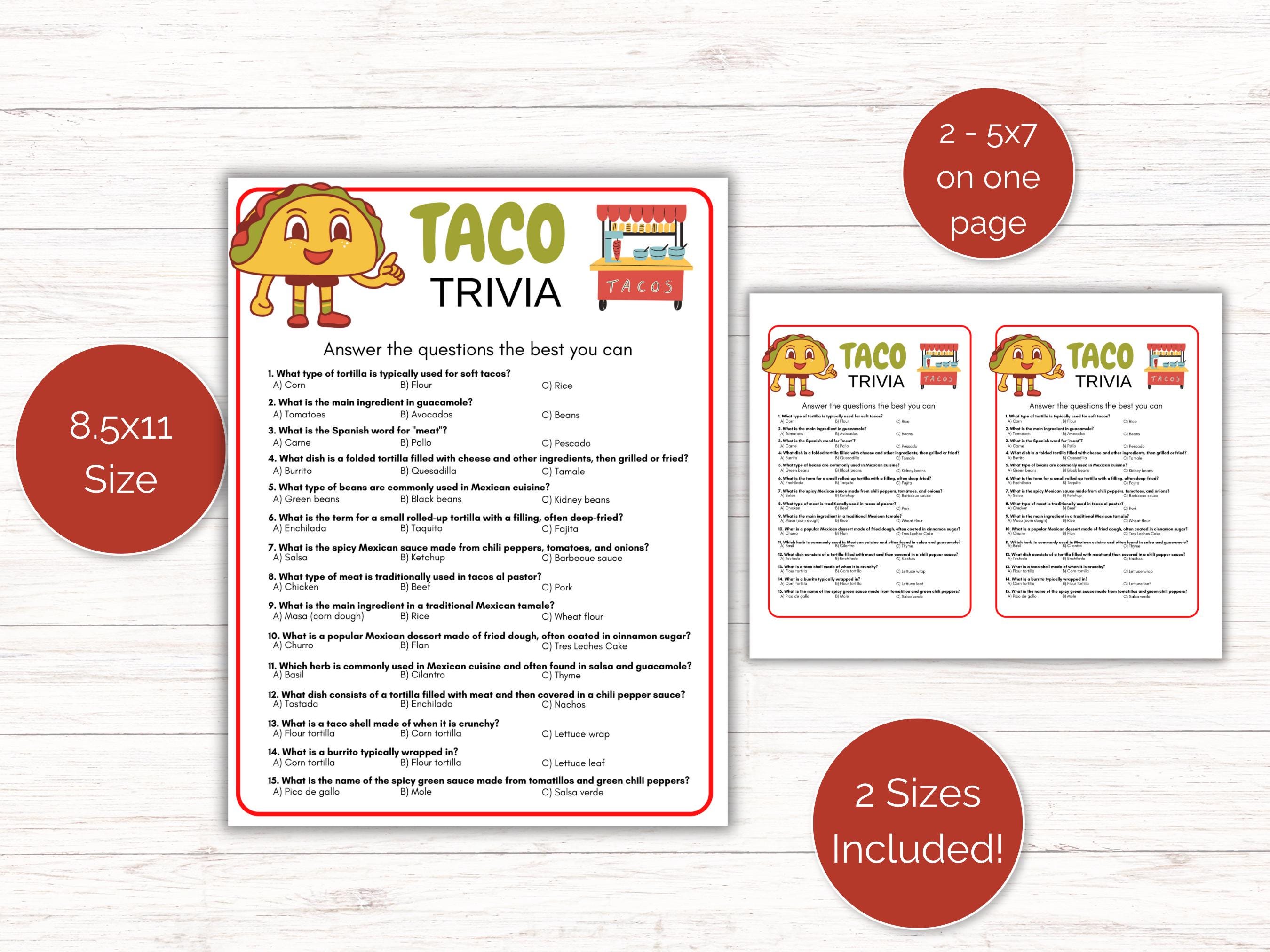 Taco Trivia Game, Taco Quiz, Printable Mexican Fiesta Game, Cinco De ...