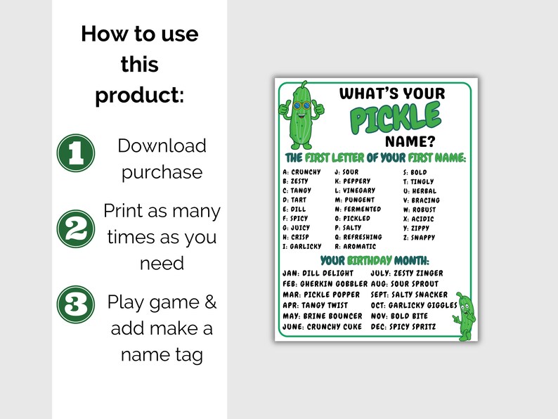 What's Your Pickle Name Game + Name Tags, Pickle Themed Party Activity ...