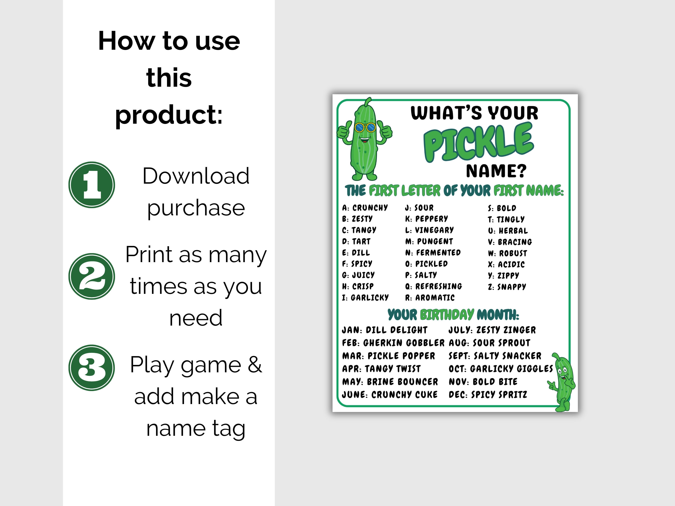 What's Your Pickle Name Game + Name Tags, Pickle Themed Party Activity ...