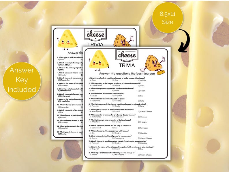 Cheese Trivia Game, Cheese Quiz, Printable Cheese Party Game for Kids ...