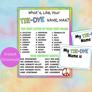 What's Your Tie Dye Name Game + Name Tags, Rainbow Birthday Game, Tie ...
